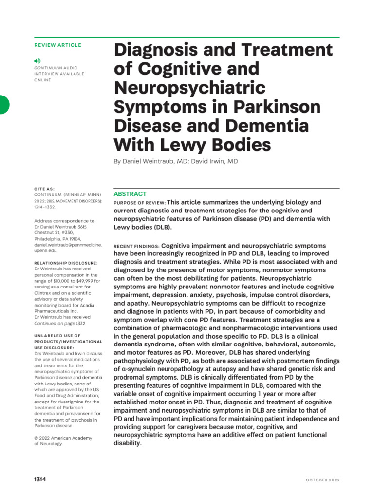 Diagnosis and Treatment of Cognitive and Neuropsychiatric Symptoms in ...