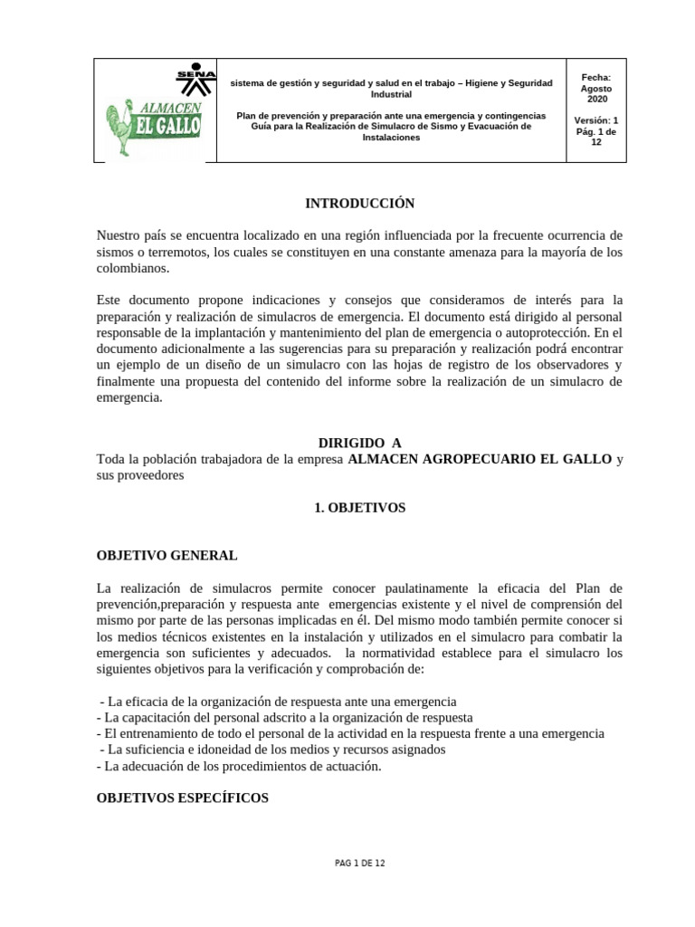 Guion Modelo Simulacro El Gallo | PDF | Simulación | Valores