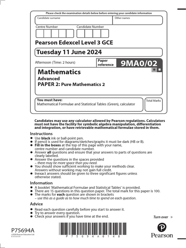 Pure Maths 2 2024 Edexcel | PDF | Mathematics | Applied Mathematics