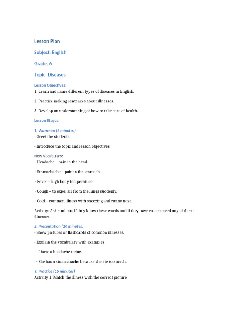 6th Grade English Lesson on Diseases | PDF