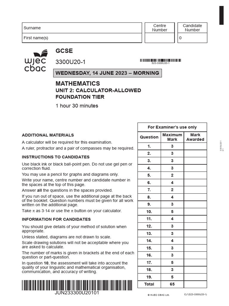 GCSE Mathematics Foundation Tier Exam | PDF | Mathematics