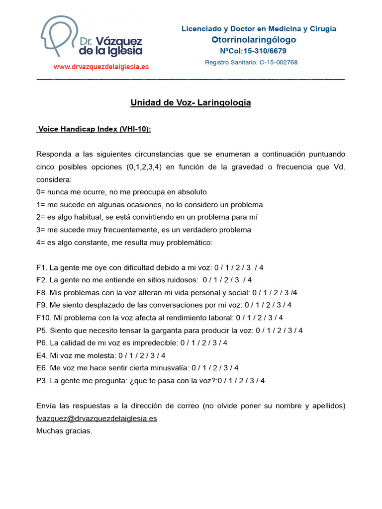 Evaluación de Problemas de Voz VHI-10 | PDF