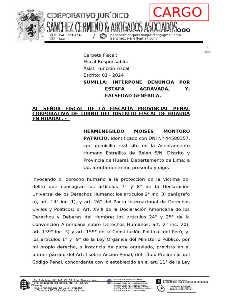 Denuncia Por Estafa y Faldedad Ideologica (Hermenegildo Moises Montoro ...