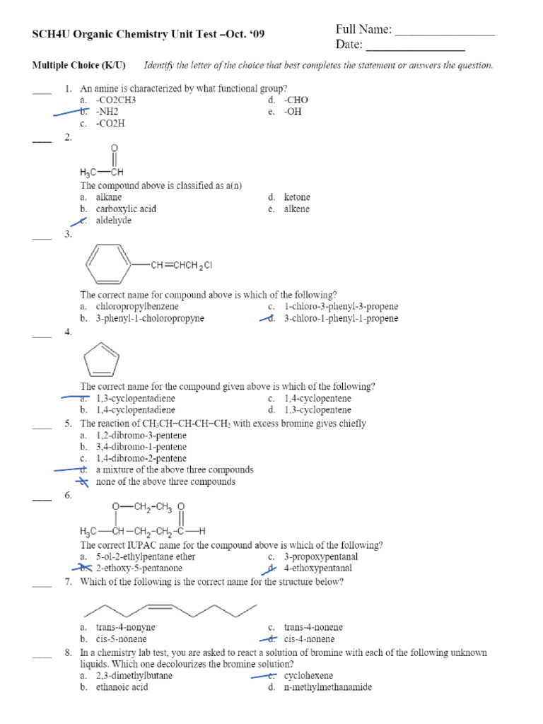 SCH4U Organic Chemistry Unit Test - Apr | PDF