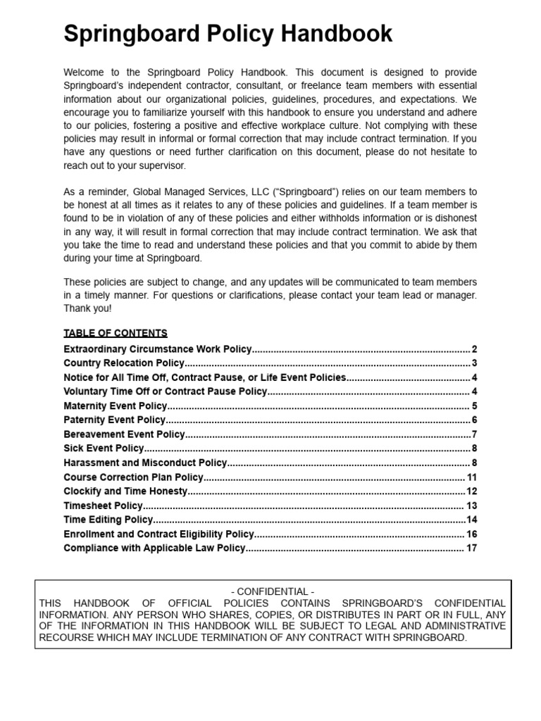 Springboard Contractor Guide | PDF | Sexual Harassment | Parental Leave