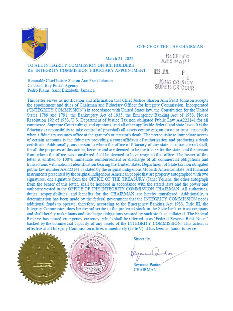 Integrity Commission Chairman and Fiduciary Resignation and Appointment ...
