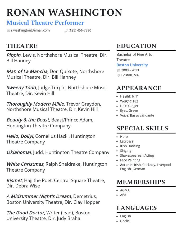 Musical Theatre Resume of Ronan Washington | PDF