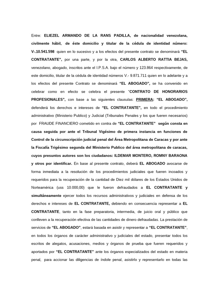 Contrato de Honorarios Profesionales Eliezel de La Rans | PDF | Abogado | Justicia