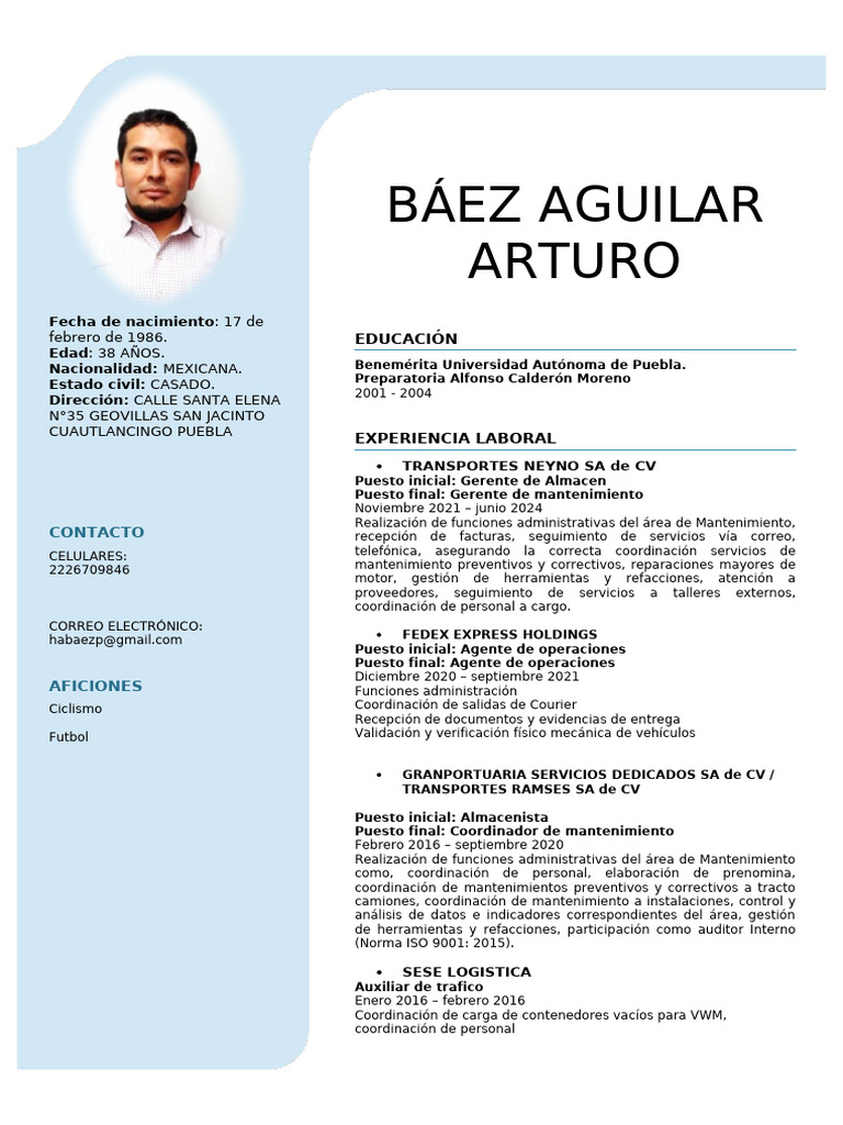 CV Arturo Baez 286 | PDF | Transporte