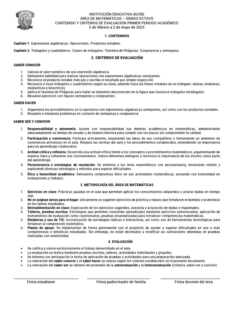 CRITERIOS DE EVALUACION MATEMATICAS Octavo Def 2025 | PDF | Evaluación ...