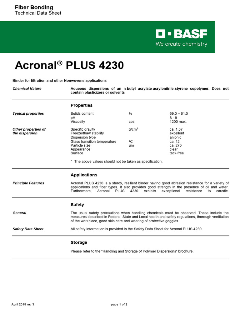 Acronal PLUS 4230 April 2018 R3 Fiber | PDF | Nonwoven Fabric | Physical Chemistry