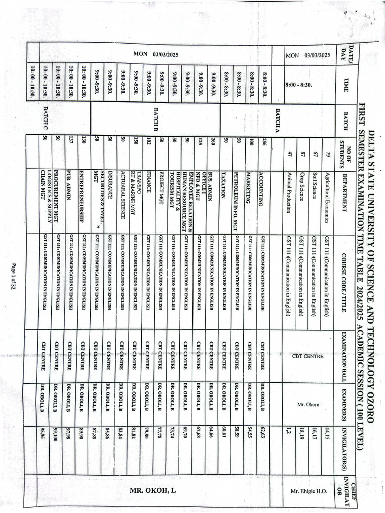 100L First Semester General Exams Timetable, 2025 | PDF
