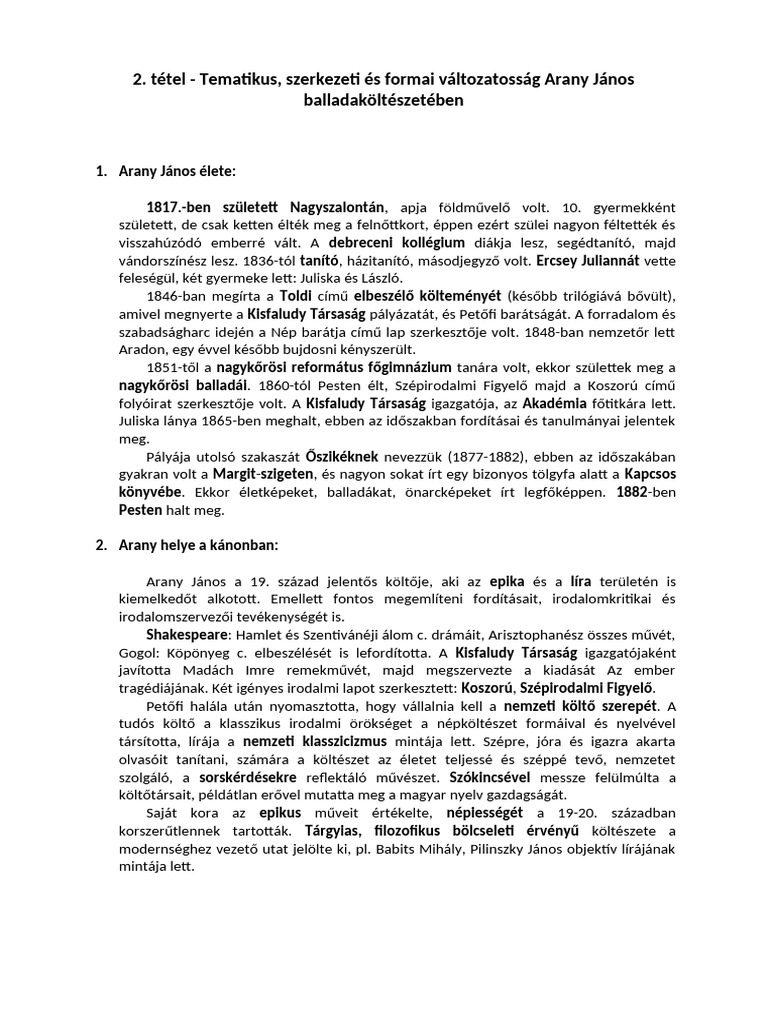 Tematikus, Szerkezeti És Formai Változatosság Arany János Balladaköltészetében | PDF