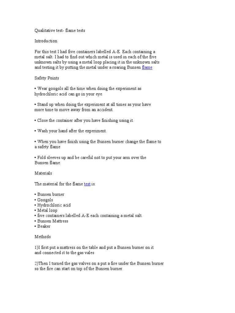 Flame Test Lab Report | PDF | Salt (Chemistry) | Metals