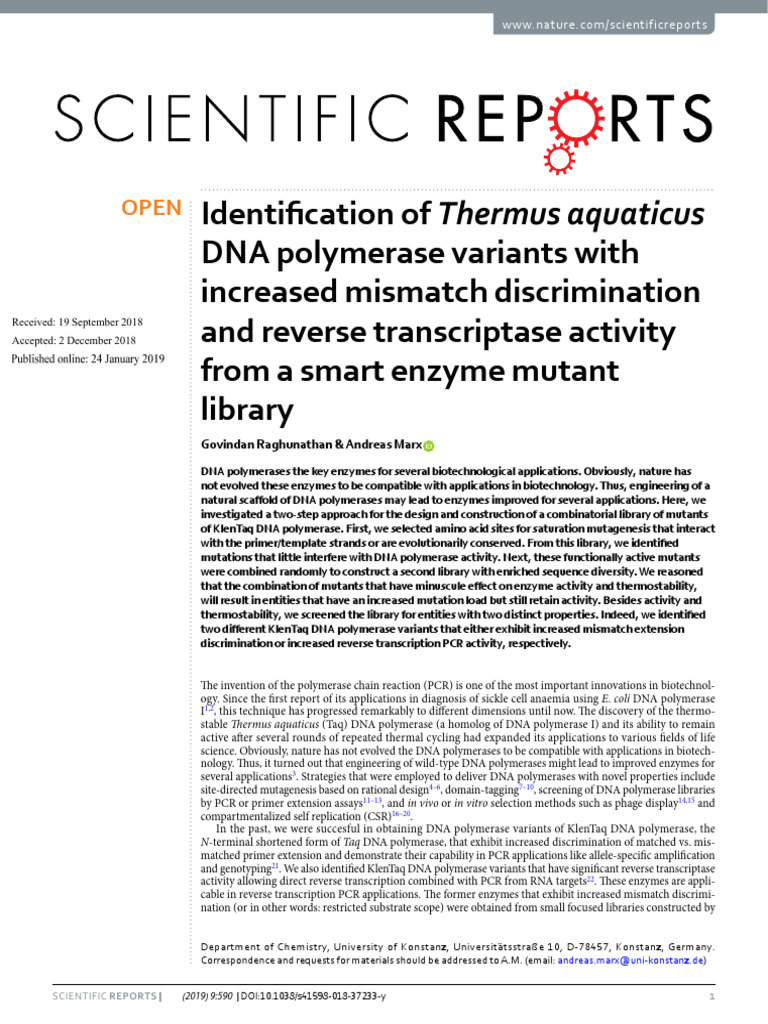 Thermus Aquaticus DNA Polymerase Variants | PDF | Polymerase Chain ...