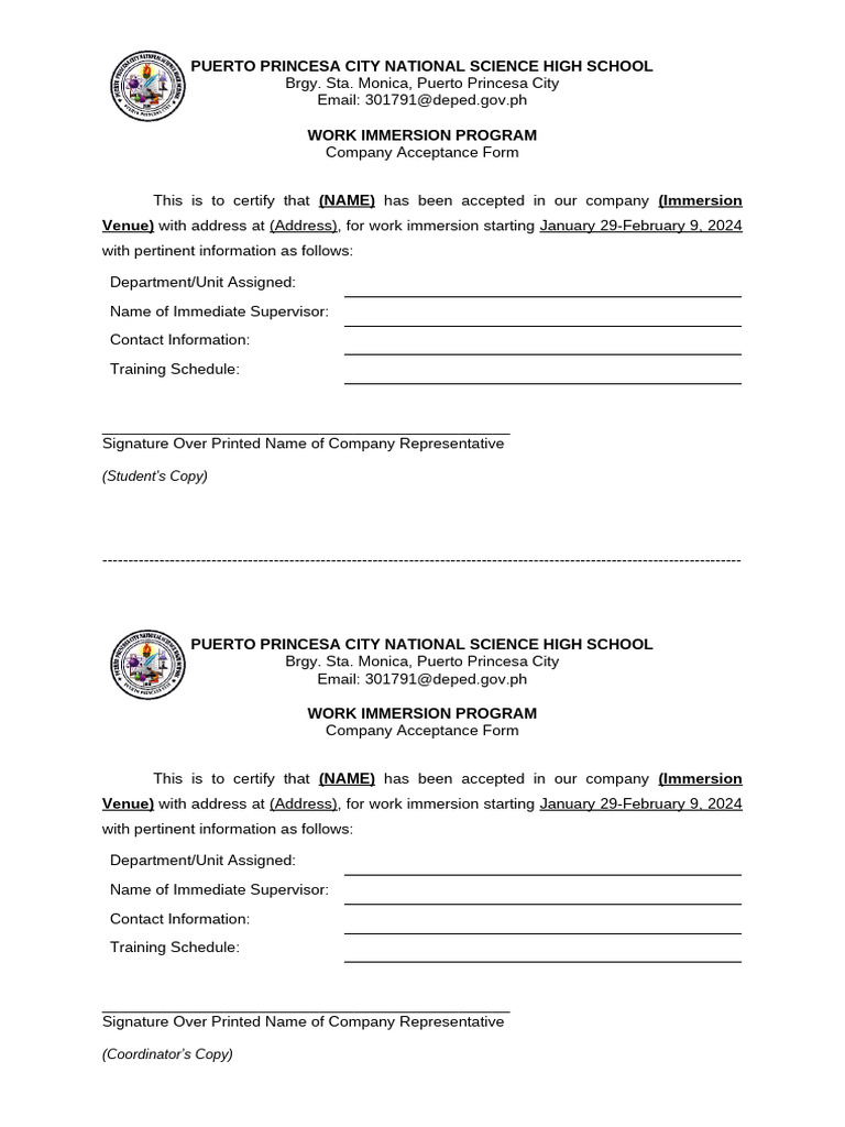 Work Immersion Program Acceptance Form | PDF