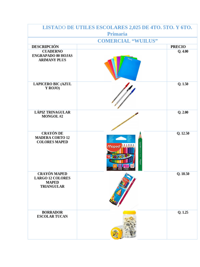 Listado de Utiles Escolares 2025 | PDF | Grafito | Implementos de escritura