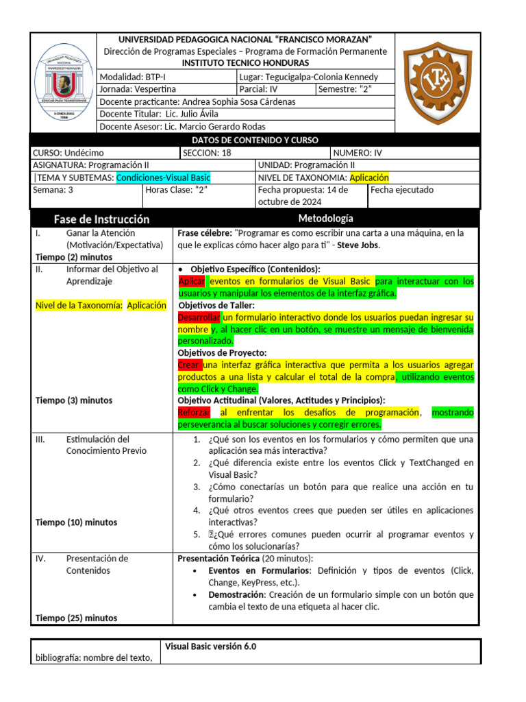 S3-P1r-Plan de Clase - Programacion Ii - Sophia Sosa - PP1 - 2024-2025 | PDF | Básico | Botón ...