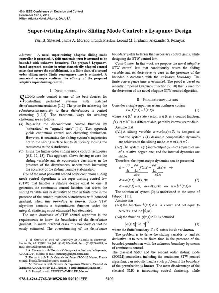 Super-Twisting Adaptive Sliding Mode Control A Lyapunov Design | PDF | Mathematical Analysis ...