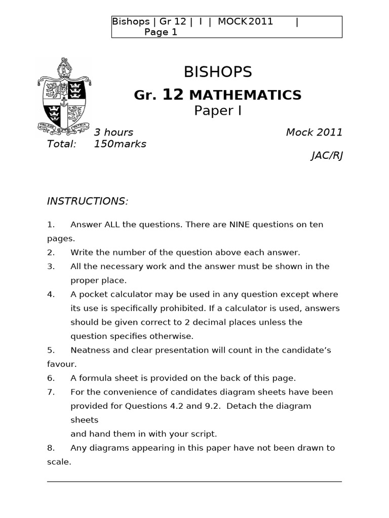 Bishops G 12 Mock P 12011 | PDF | Mathematics