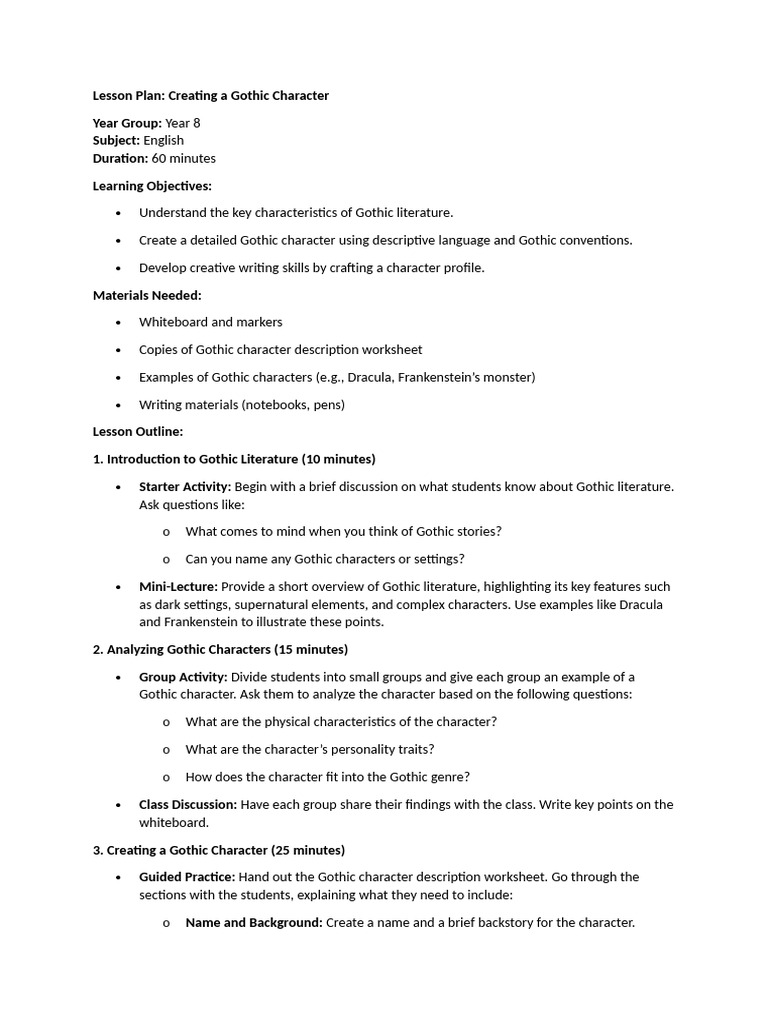 Lesson Plan_Lesson 11 Characterisation | PDF | Gothic Fiction | Lesson Plan