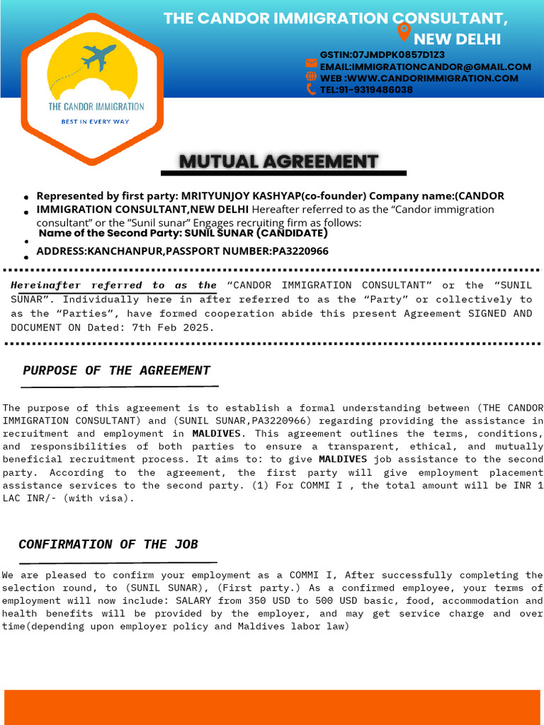 The Candor Immigration Consultant S Agreement Sunil Sunar PDF | PDF | Travel Visa | Employment