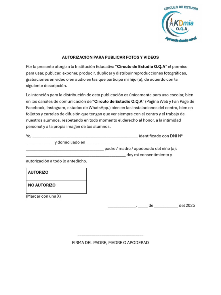 Autorización para Publicar Fotos y Videos - Oqa | PDF
