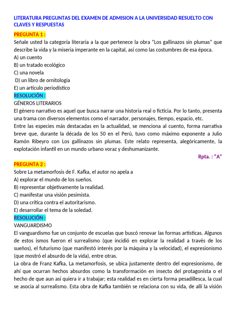 Literatura Preguntas Del Examen de Admision A La Universidad Resuelto Con Claves y Respuestas ...