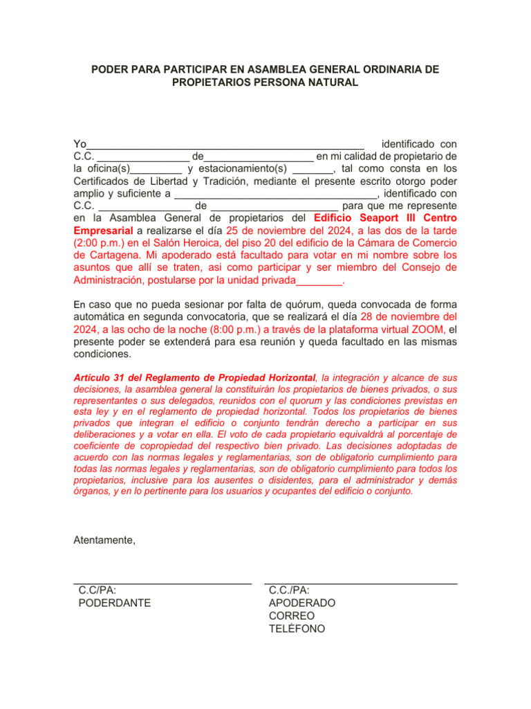 Modelo de Poder Persona Natural | PDF | Quórum | Regulación