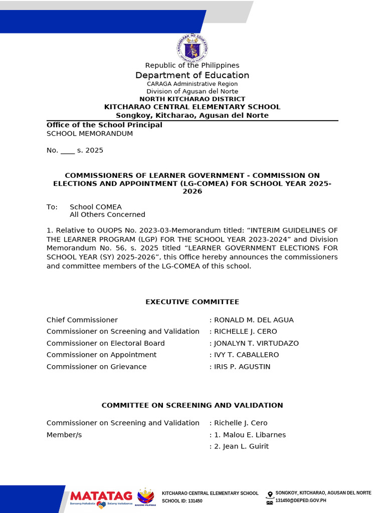 SCHOOL MEMORANDUM on Establishment of the School's Learner Government COMEA v 2.0 | PDF ...