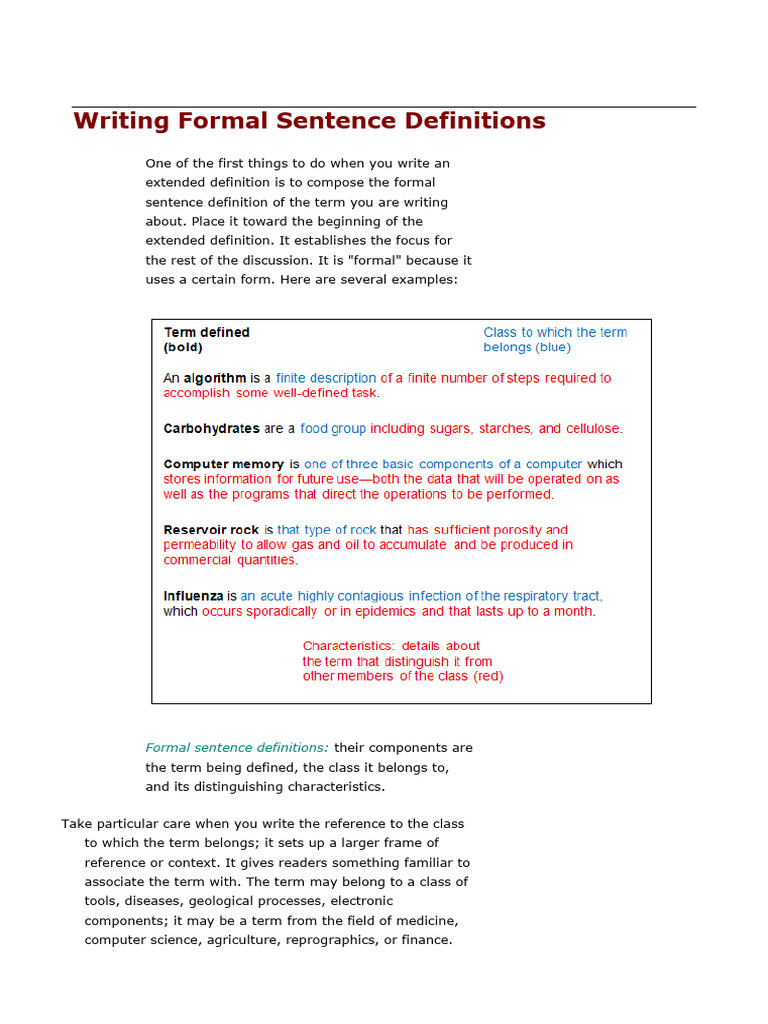 Writing Formal Sentence Definitions | PDF | Definition | Sentence (Linguistics)