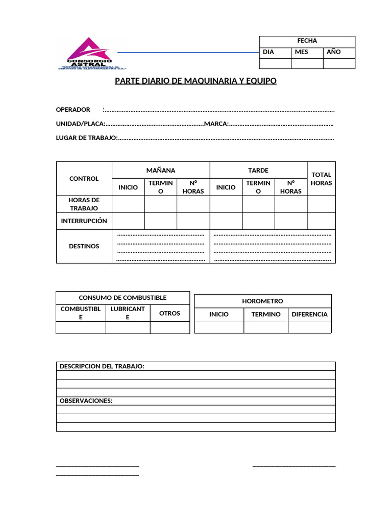 Parte Diario de Maquinaria y Equipo | PDF