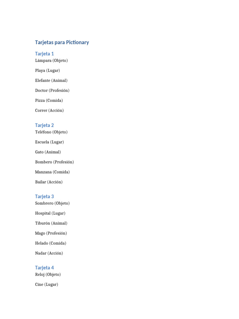 Tarjetas de Pictionary para Imprimir | PDF | Cocina | Alimentos