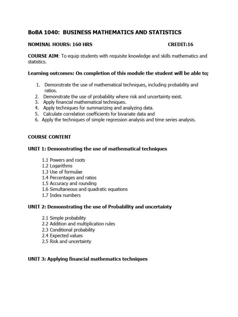 BoBA 1040 Business Mathematics Course Outline-1 | PDF | Statistics ...