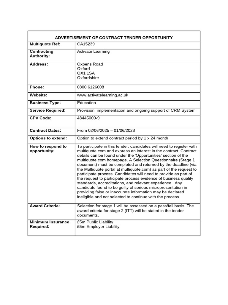 Advertisement of Contract Tender Opportunity Ref Ca15239 | PDF