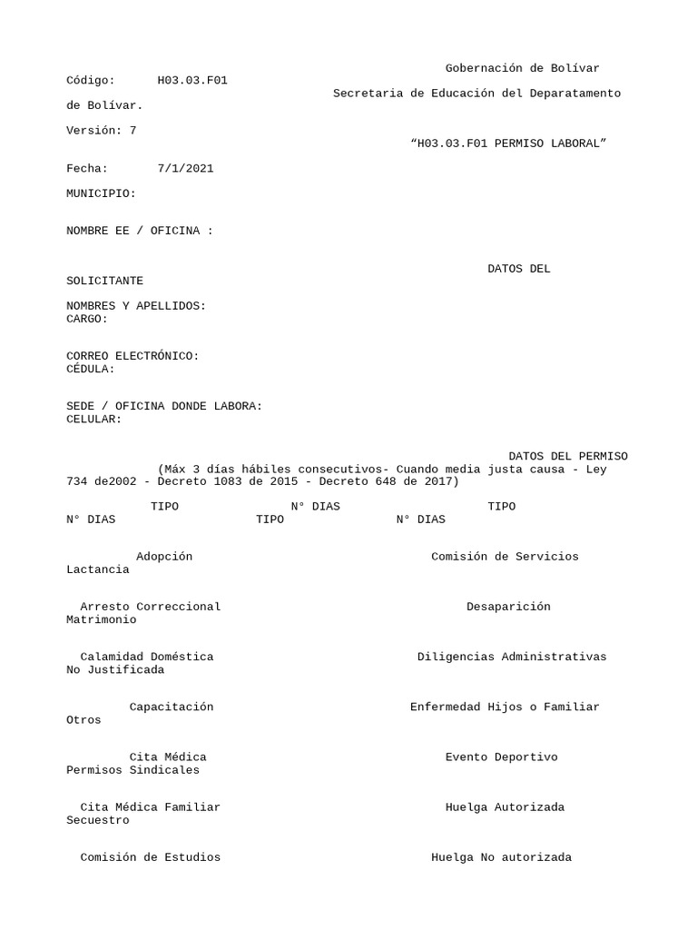 Formato h03 03 f01 Permiso Laboral | PDF