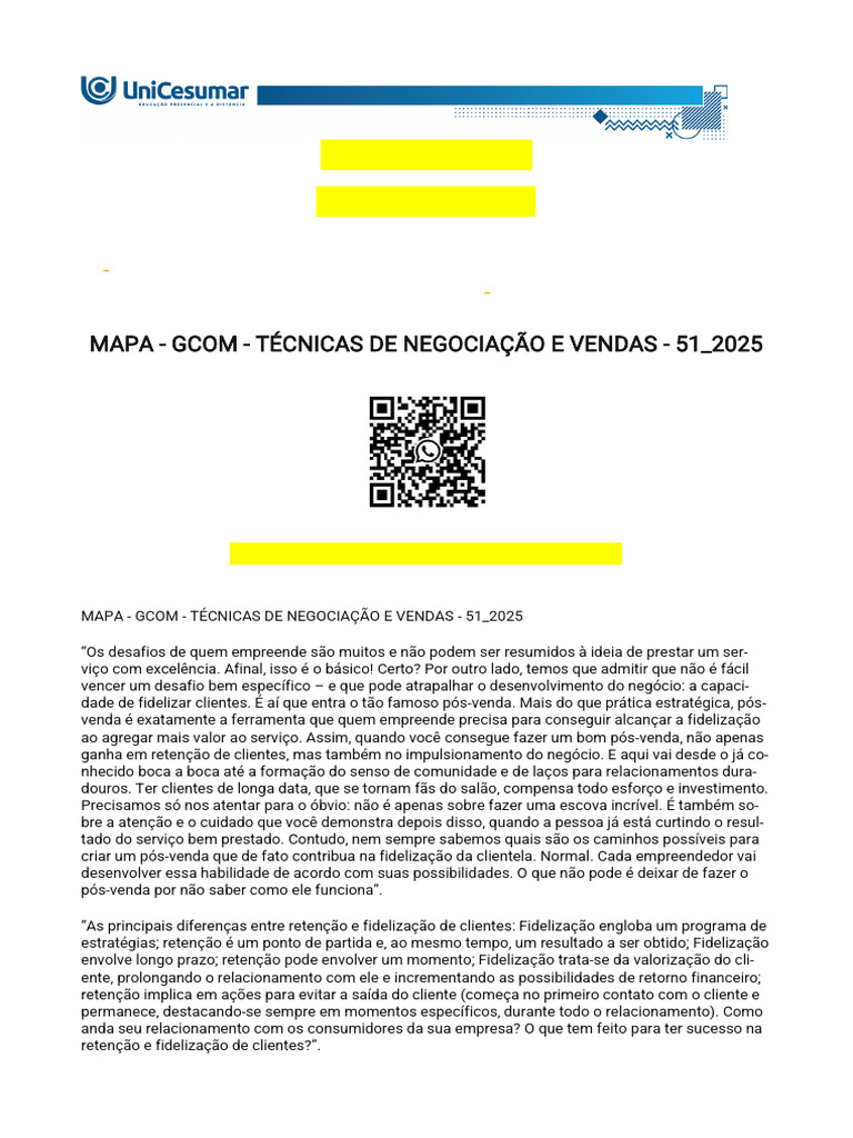 MAPA - GCOM - TÉCNICAS DE NEGOCIAÇÃO E VENDAS - 51_2025 | PDF