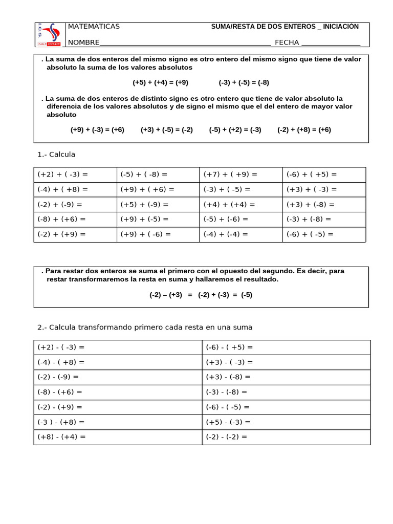 Sumas y Restas de Enteros Básicas | PDF | Entero | Sustracción
