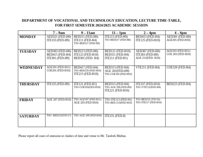 2024;2025 LECTURE TIME TABLE | PDF