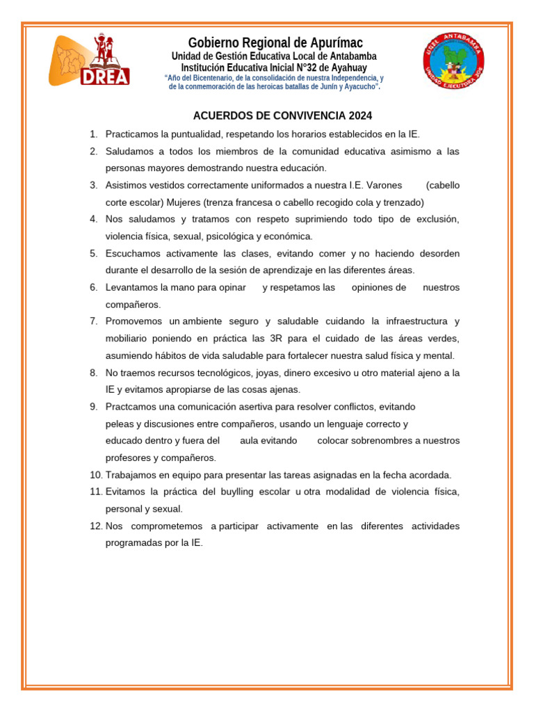 Acuerdos de Convivencia 2024 | PDF