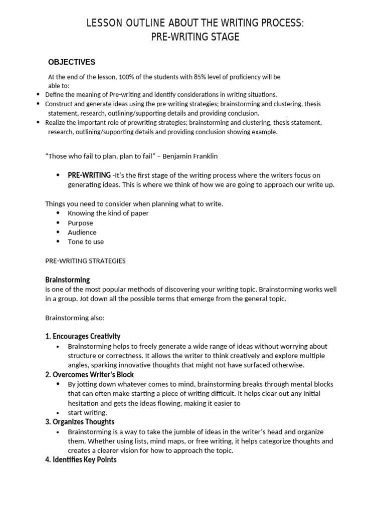 Lesson Outline About The Writing Process | PDF | Brainstorming | Schools