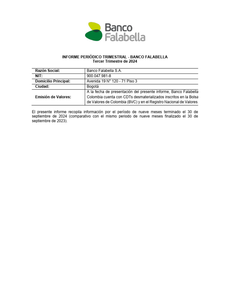 Informe Peri-C3-B3dico Trimestral Banco Falabella Colombia - 3Q2024 ...