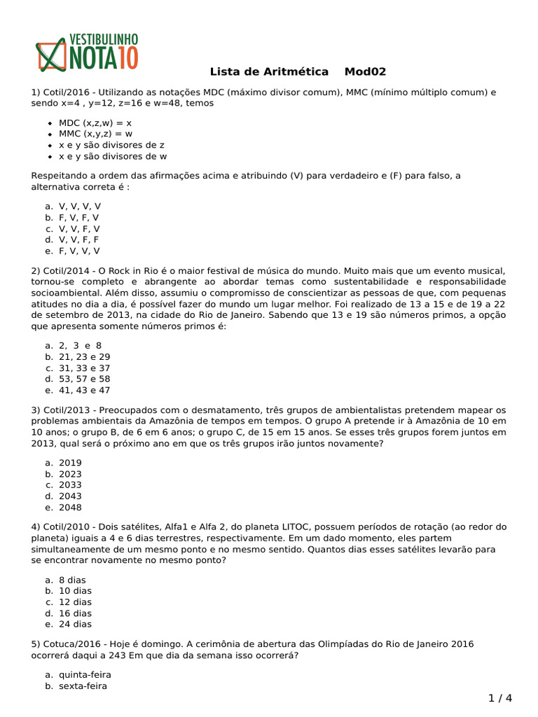 Lista de Aritmetica Mod02 | PDF
