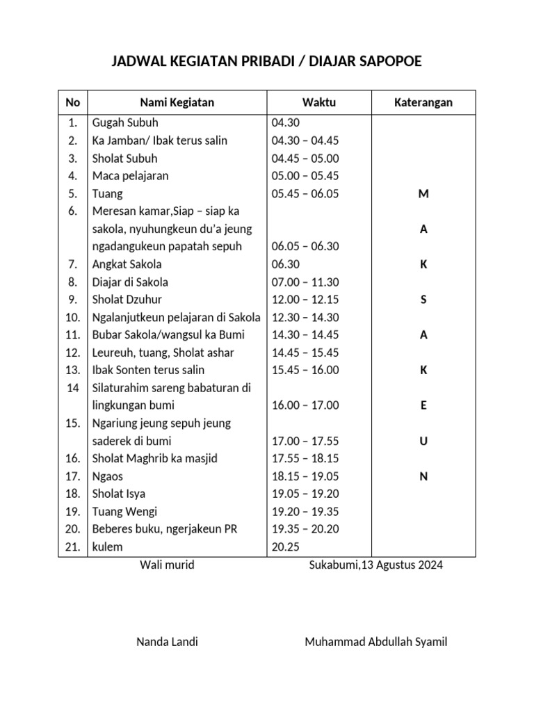 Jadwal Kegiatan Pribadi | PDF