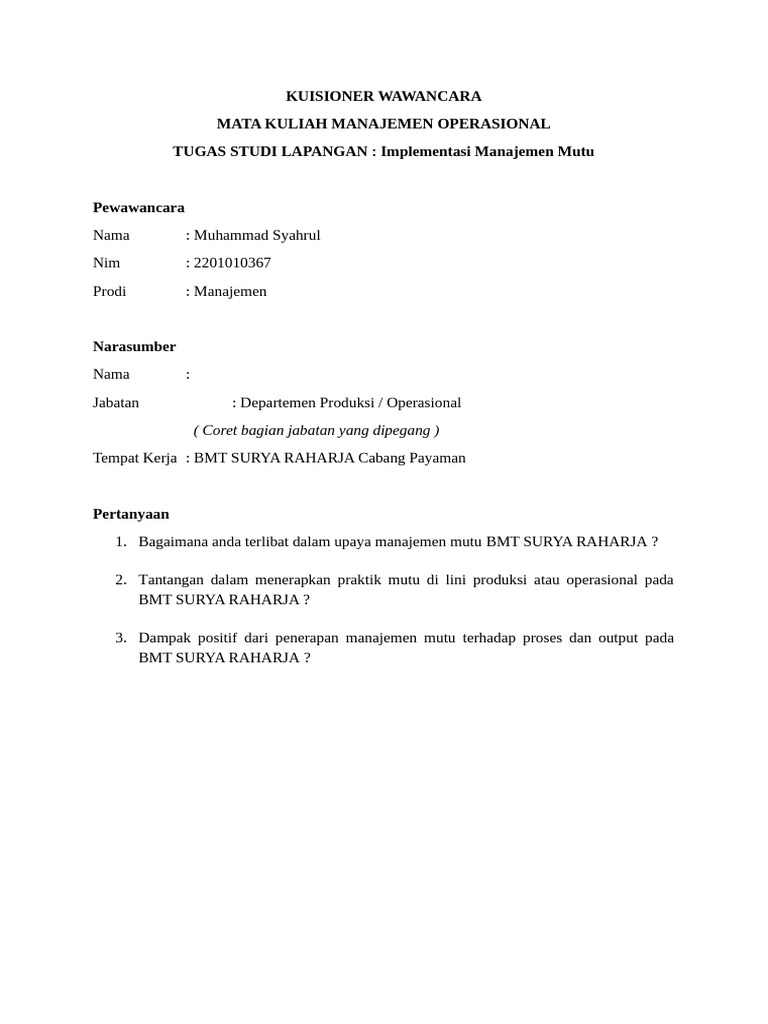 Kuisioner Wawancara Manajemen Operasional Bagian 2 | PDF