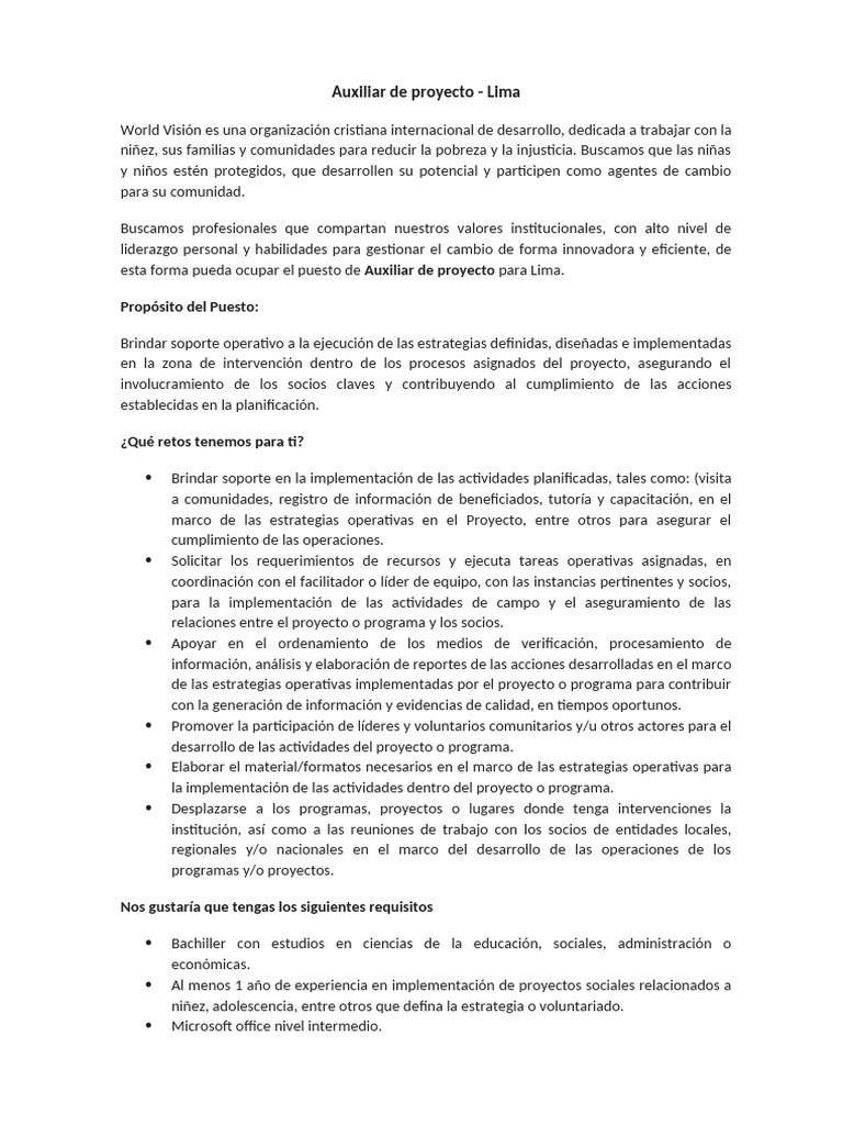 Convocatoria Auxiliar de Proyecto Lima | PDF | Liderazgo