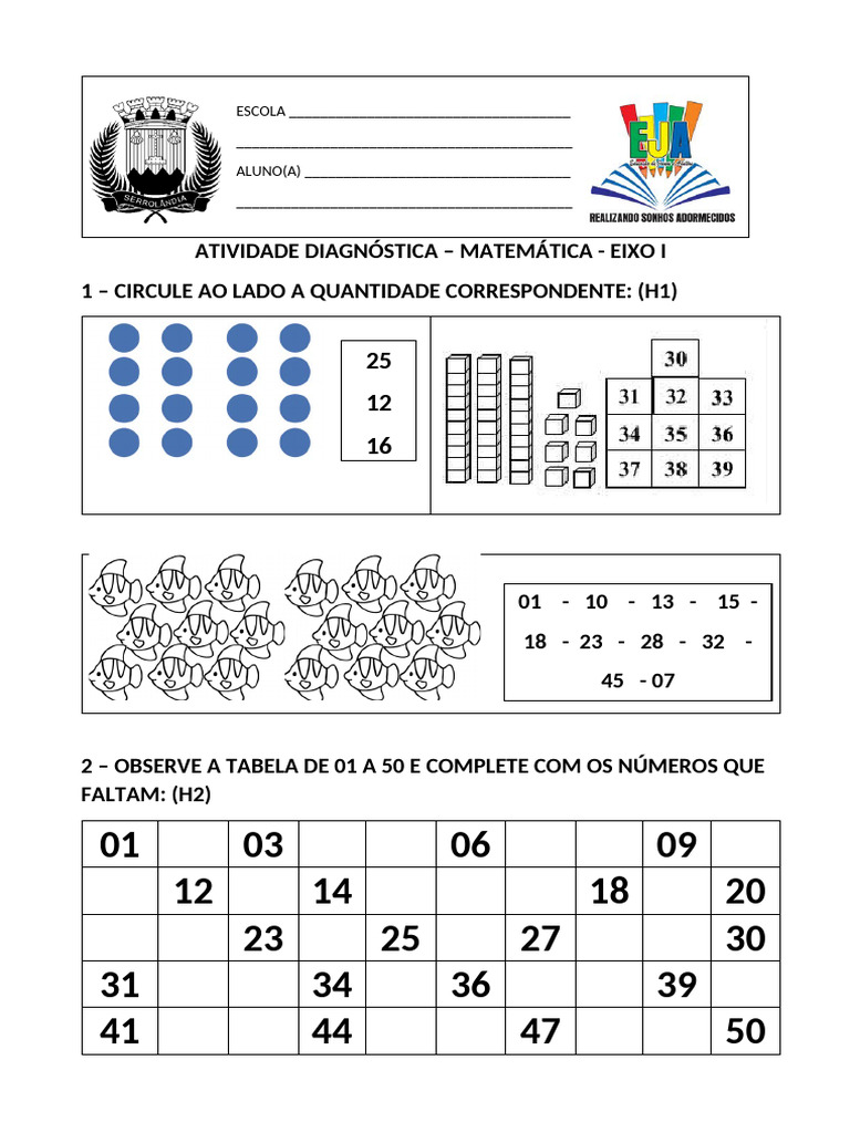 Atividade Diagnóstica Matemática Eixo I | PDF