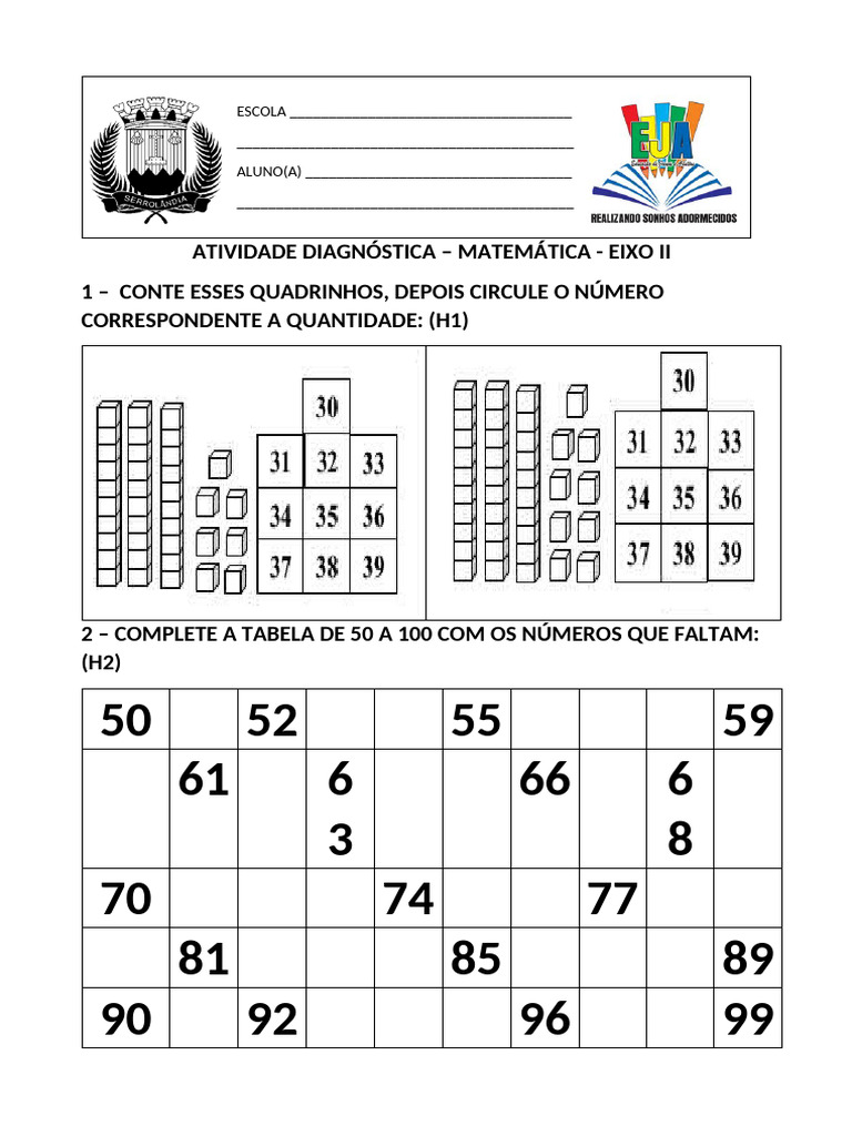 ATIVIDADE DIAGNÓSTICA MATEMÁTICA EIXO II | PDF