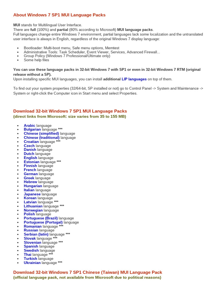 About Windows 7 SP1 MUI Language Packs | PDF | Microsoft Windows ...