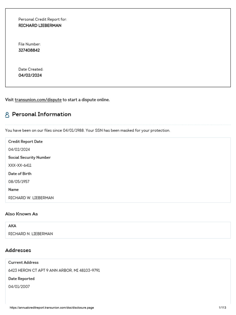 View Your Report - TransUnion Credit Report LIEBERMAN | PDF ...